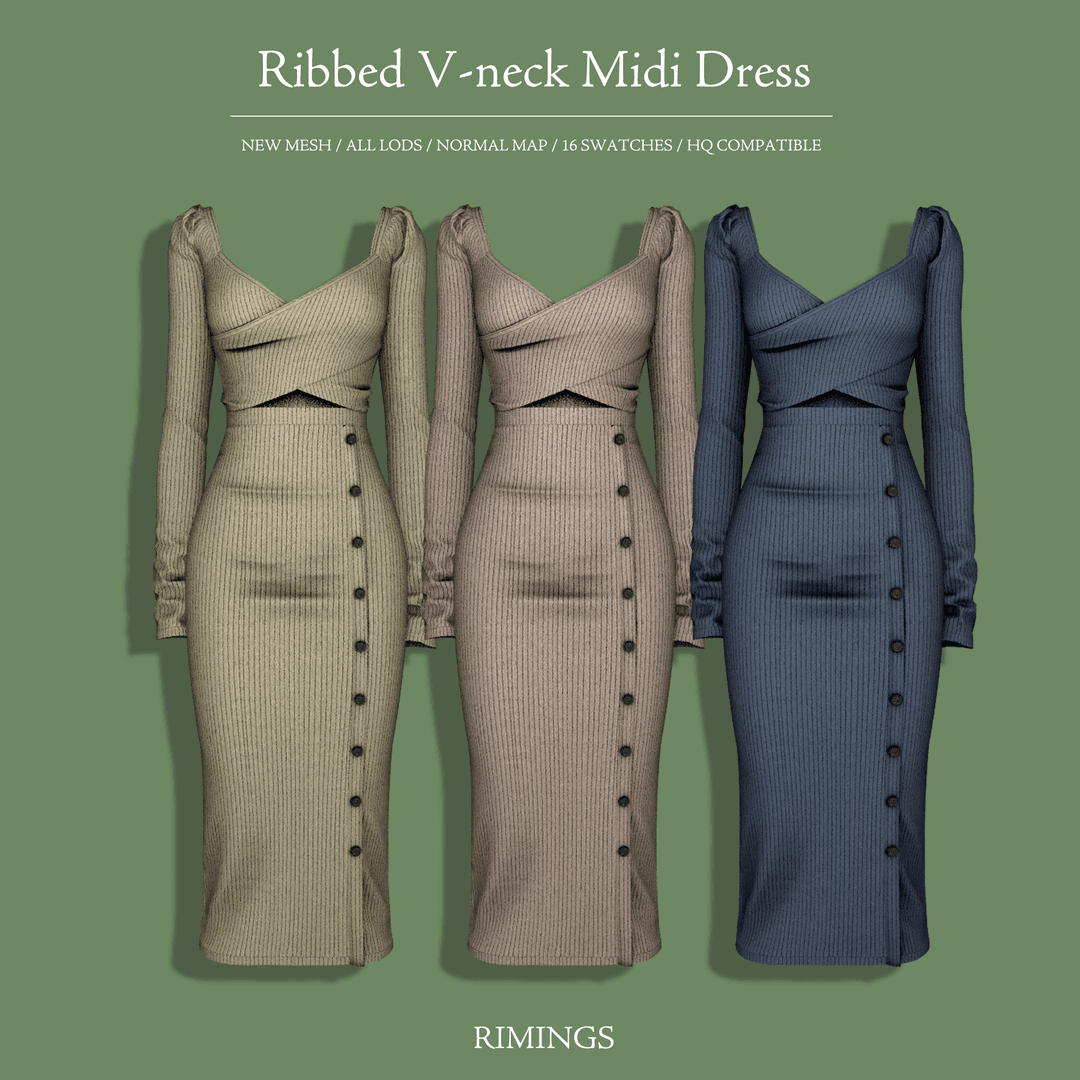 Платье Ribbed V-neck Midi Dress | Sims4Mods
