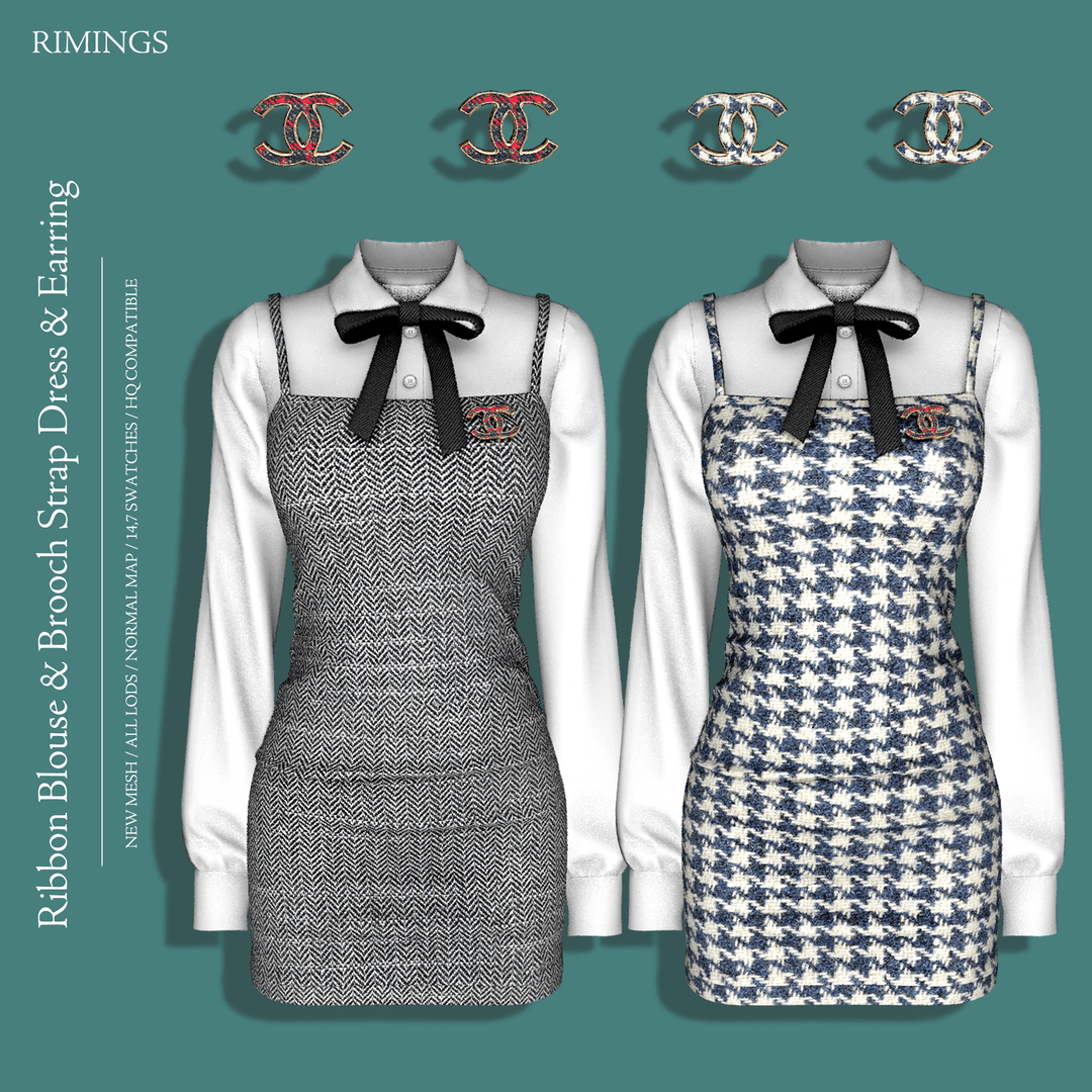 Платье Ribbon Blouse & Brooch Strap Dress | Sims4Mods