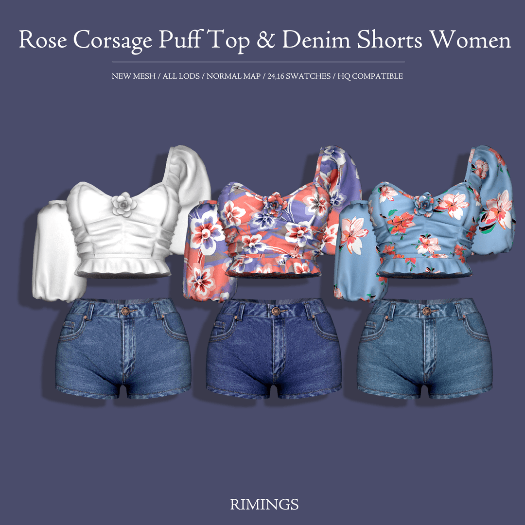 Сет топ и шорты Corsage Puff Top & Denim Shorts | Sims4Mods